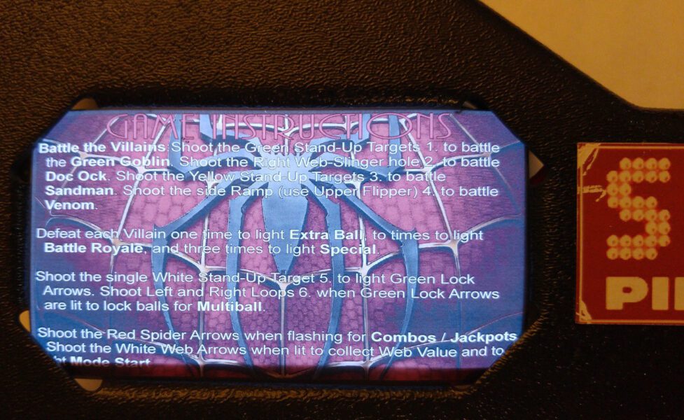 Spider Man Pinball Machine Glowing Instruction Card Kit EL Panel Stern ...